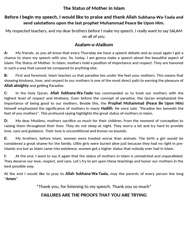 The Status of Mother in Islam | PDF | Muhammad | Religion & Spirituality