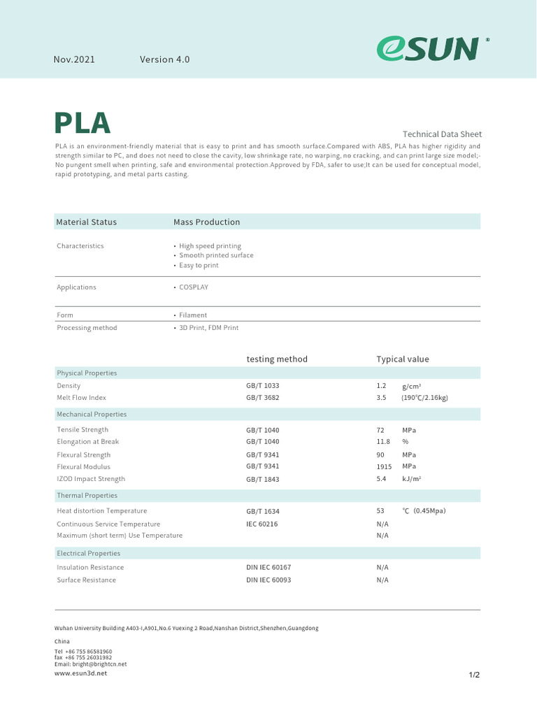 eSUN PLA-Filament TDS V4.0 | PDF