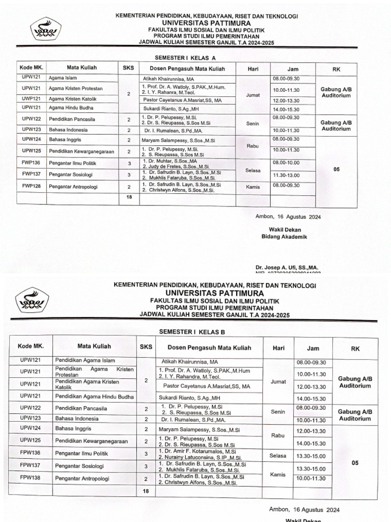 Jadwal Ps - Ip Semester Ganjil 20242025 | PDF