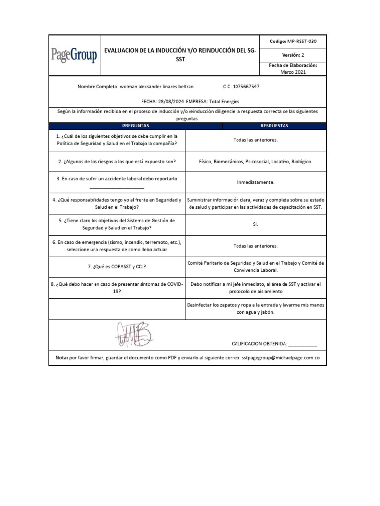 Fotmato - Evaluación de Induccion y Reinduccion Del SG-SST - Michael Page | PDF