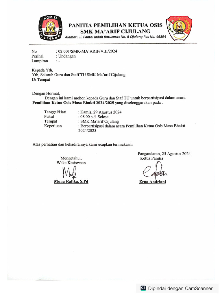 Surat Undangan Pemilihan Ketua Osis | PDF