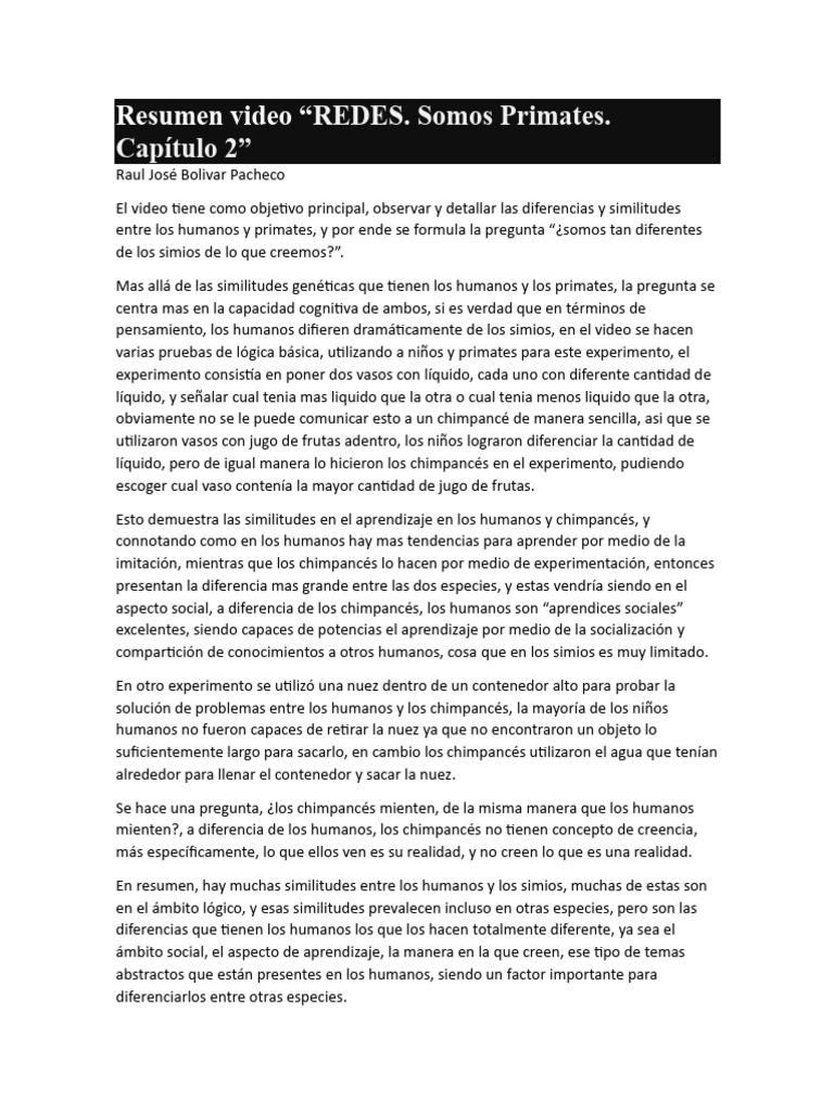 Resumen Video REDES. Somos Primates. Capítulo 2 | PDF