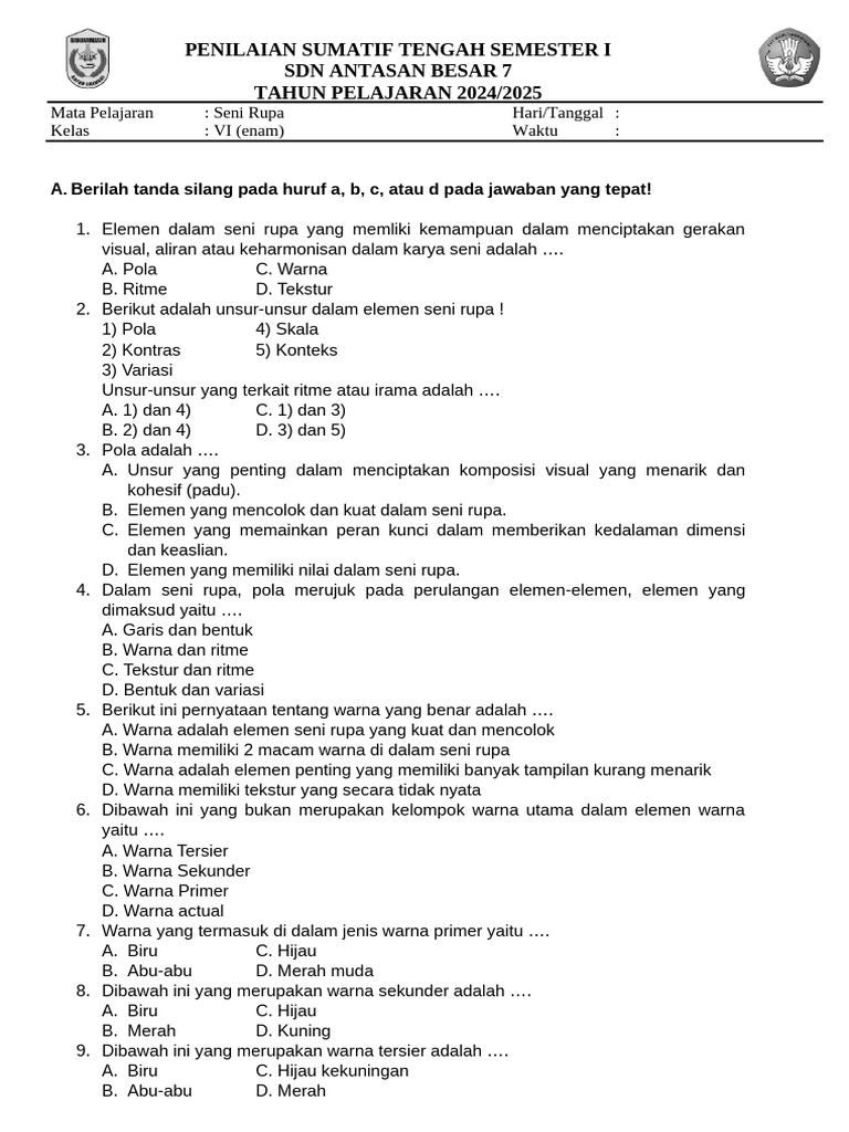 Soal Seni Rupa Sts Kls 6 Fix | PDF