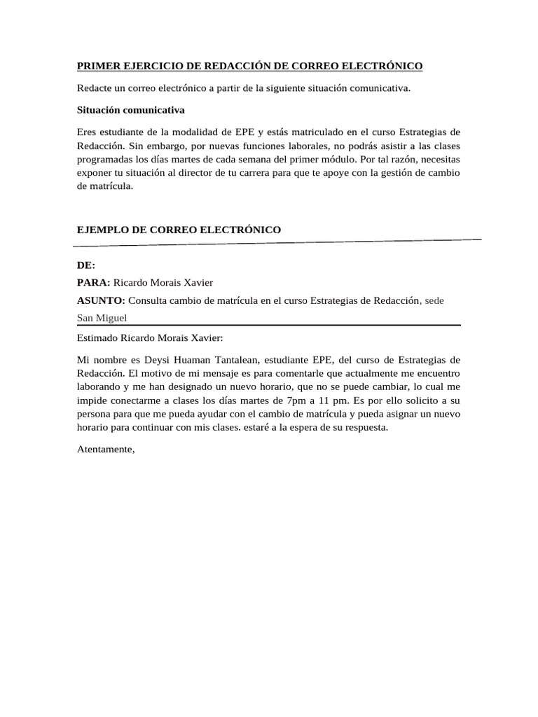 Primer Ejercicio de Redacción de Correo Electrónico | PDF
