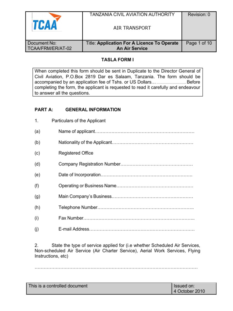 Application For A Licence To Operate An Air Service | PDF