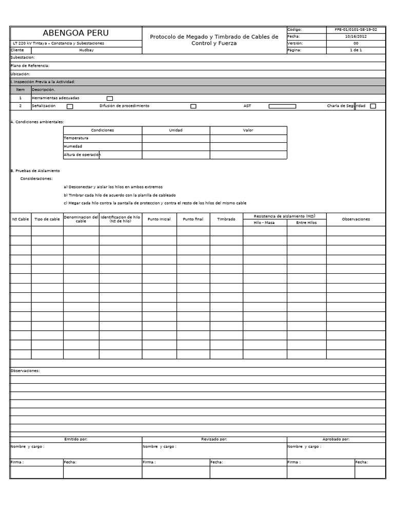 Protocolo de Megado y Timbrado de Cables de Control y Fuerza | PDF