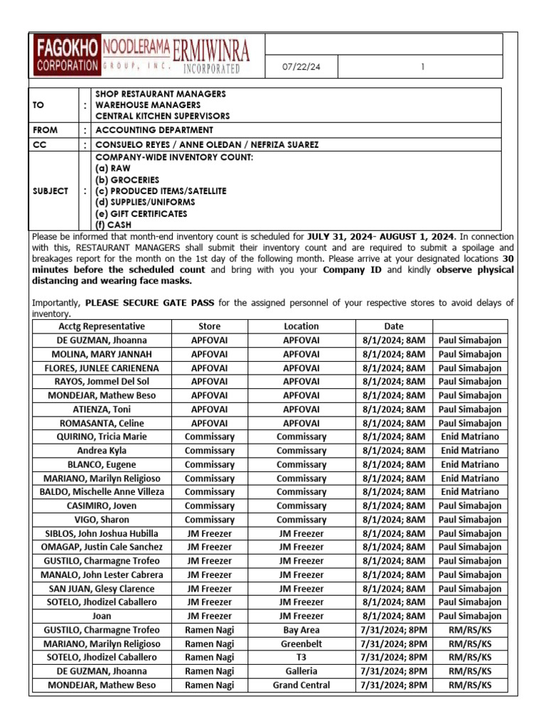 Inventory Count Schedule Template (July Month-End) | PDF | Inventory ...
