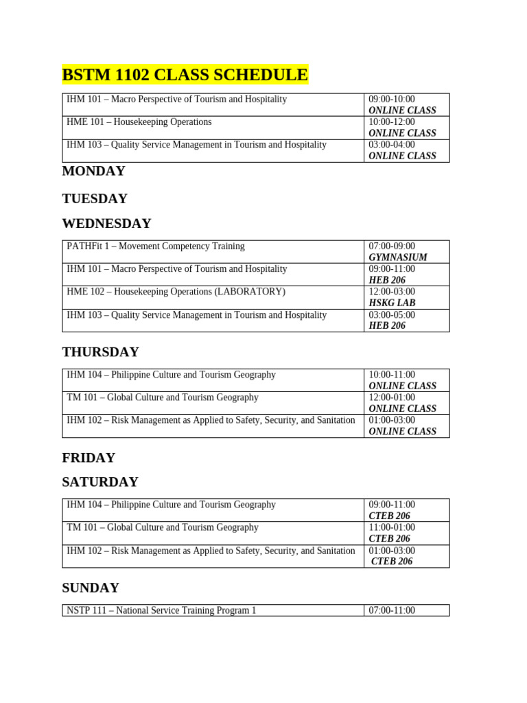 BSTM Class Schedulee | PDF