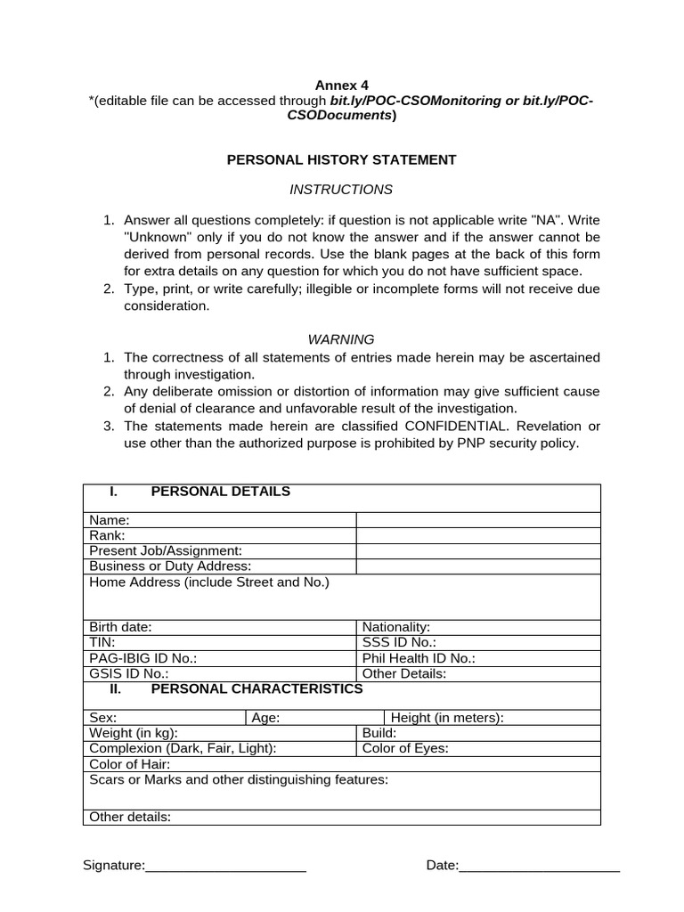 A4 - Personal History Statement | PDF