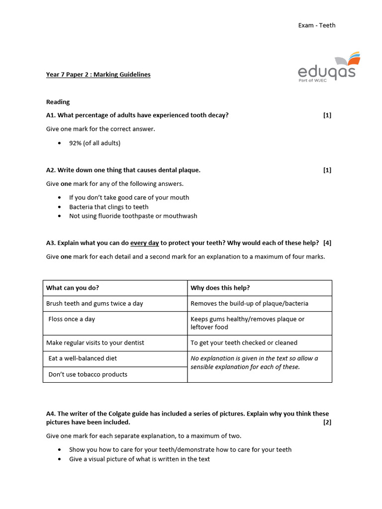 5 KS3 Resources Year 7 Component 2 'Exam Teeth'-Marking Guidelines | PDF