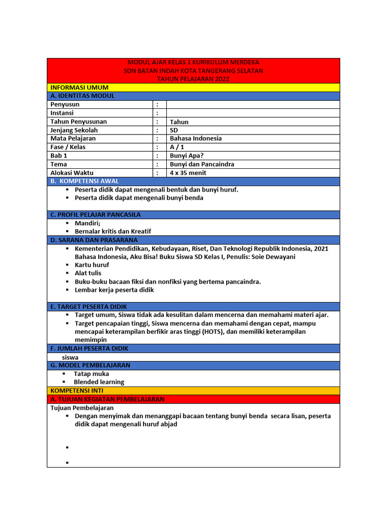 Modul Ajar Huruf Abjad Kelas 1 SD | PDF