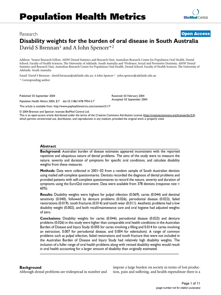 Disability Weights For The Burden of Oral Disease in South Australia | PDF
