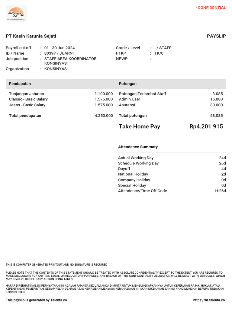 Talenta - Payslip PT Kasih Karunia Sejati 6 2024 JUARNI | PDF