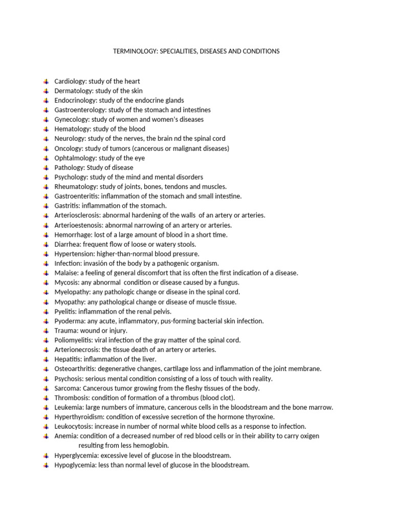 Medical Terminology of Specialities, Diseases and Conditions - Medical ...