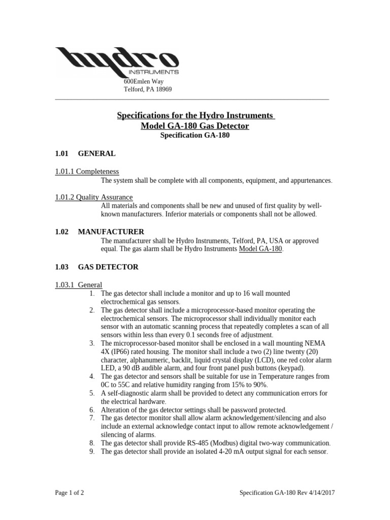GA-180 Specifications 2017 04 14 | PDF
