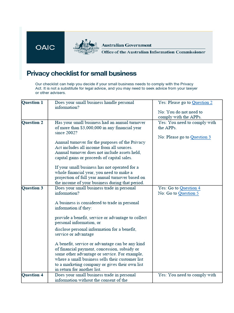 OAIC - Privacy Checklist For Small Business | PDF