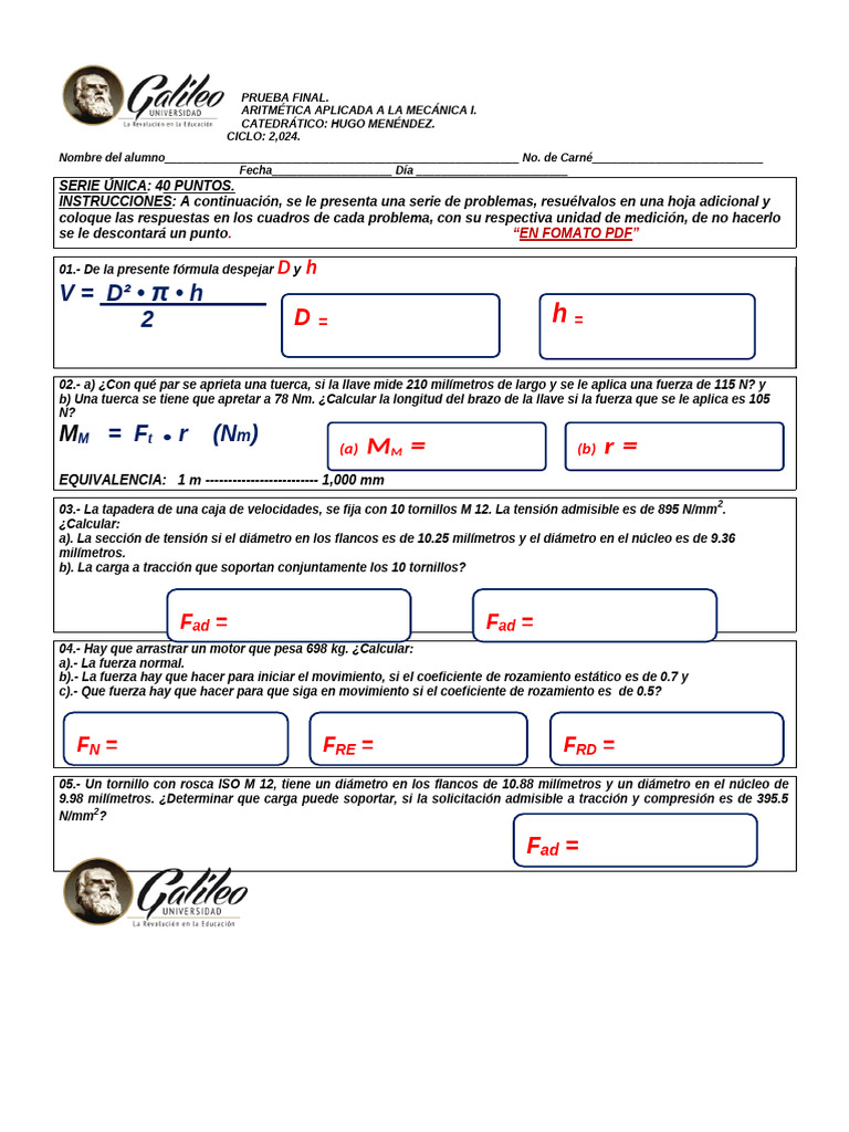 Prueba Final de Aritm Tica I | PDF | Tornillo | Metalurgia