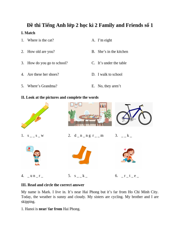 De Thi Tieng Anh Lop 2 Hoc Ki 2 Family and Friends So 1 | PDF