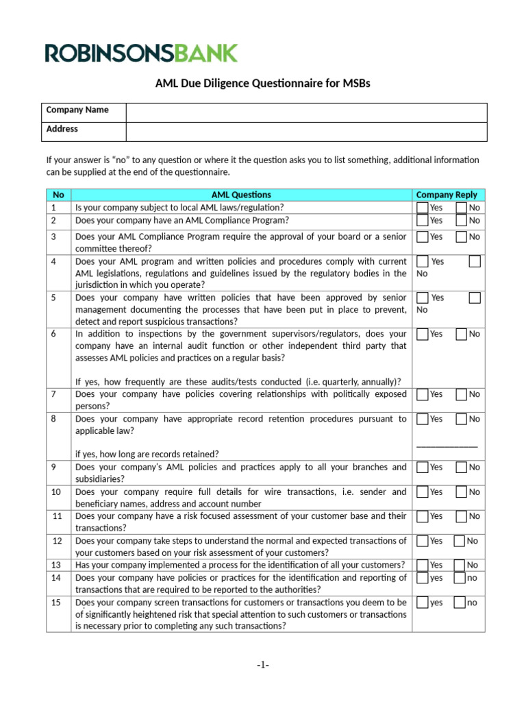 4.MSB AML Due Diligence Questionnaire | PDF