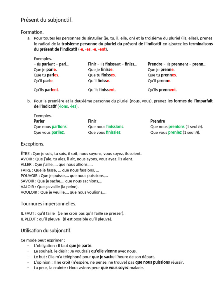 5. A2.1 Subjonctif prÃ©sent | PDF