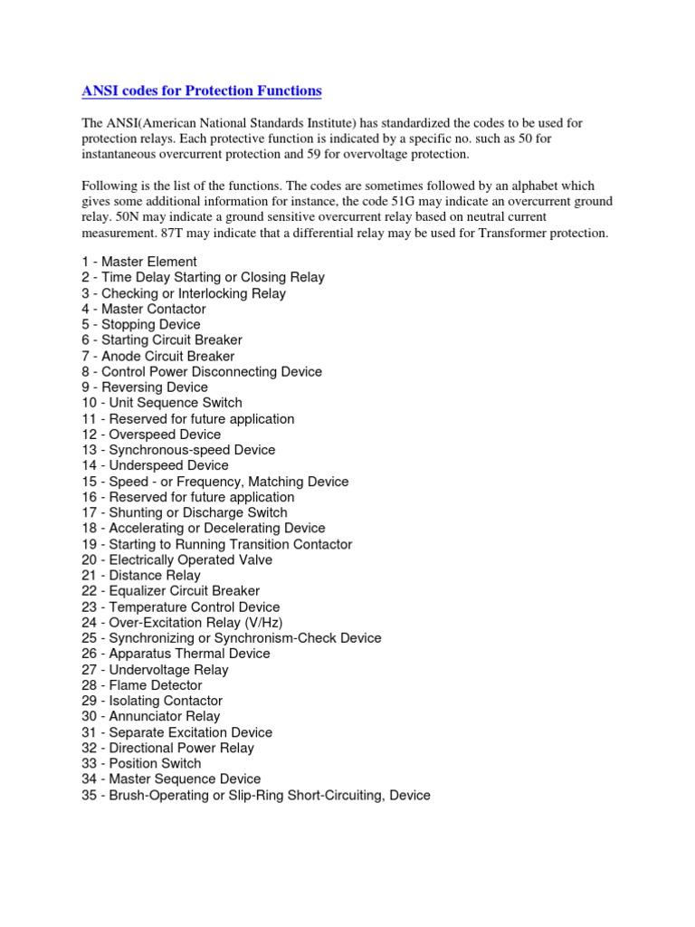 ANSI Codes For Protection Functions | PDF | Relay | Switch