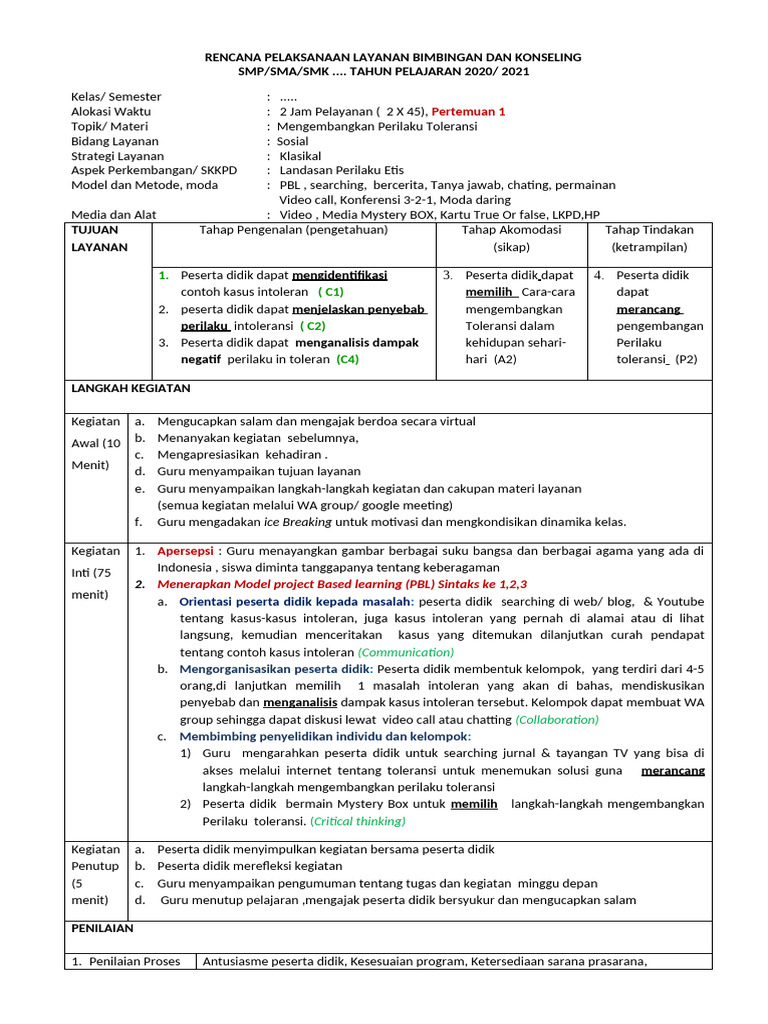 3. Contoh Rpl Bk 1 Lembar (Daring) | PDF