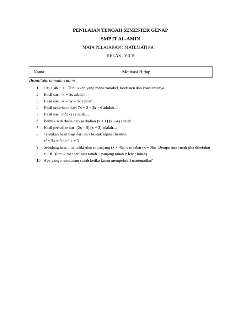 PTS Genap Matematika Vii B | PDF