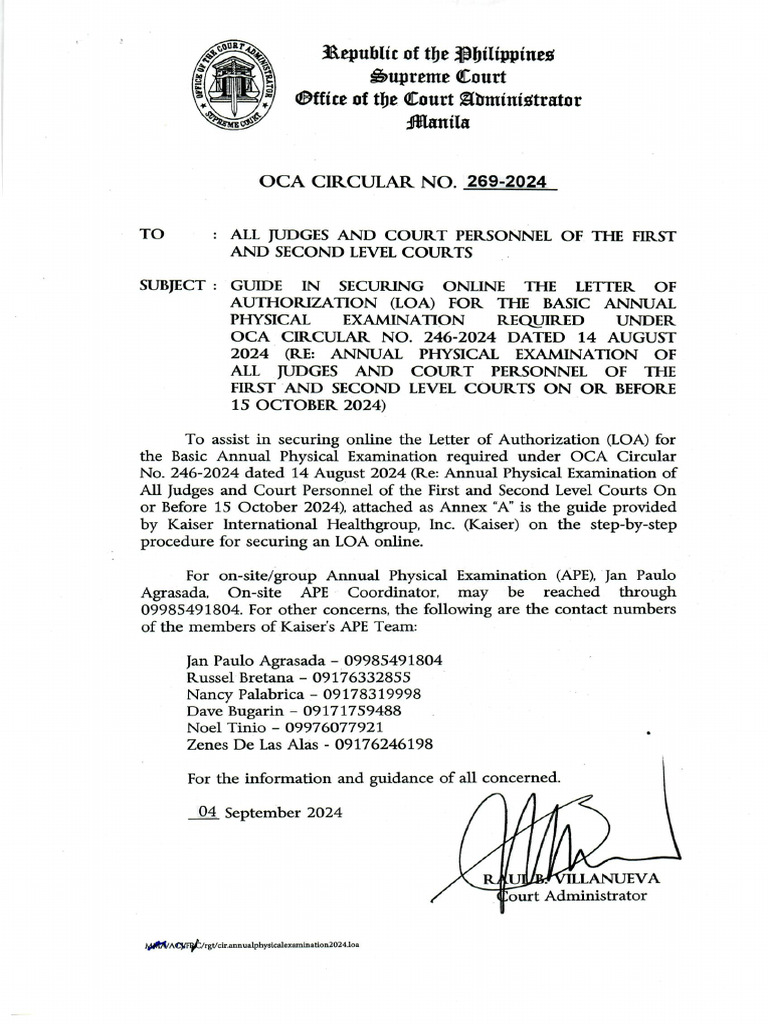 OCA Circular No. 269-2024 LOA FOR THE BASIC ANNUAL PHYSICAL EXAMINATION ...