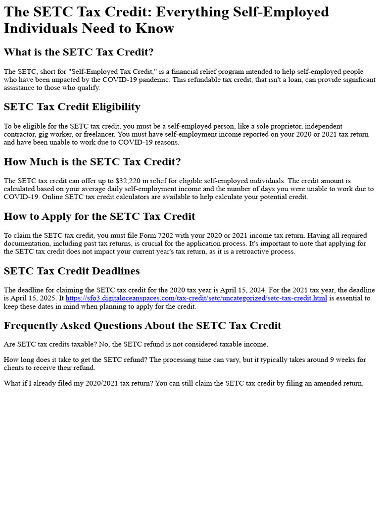 SETC Tax Credit Guide for Self-Employed | PDF | Tax Credit | Taxes