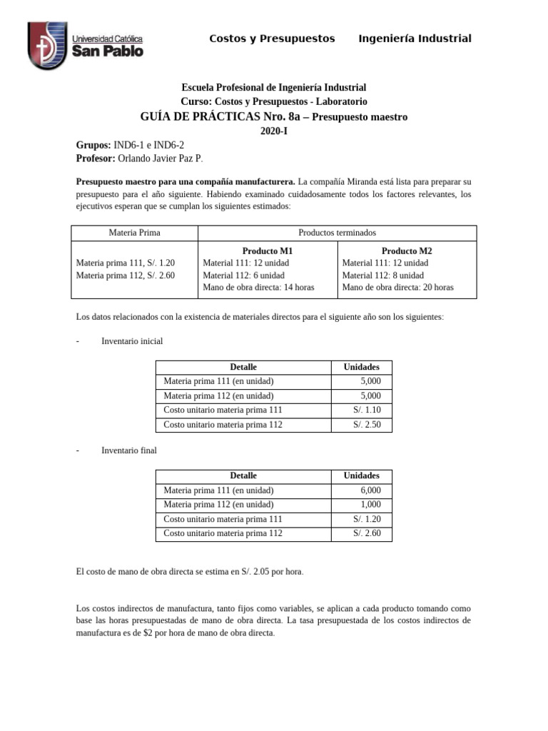 Guía Práctica 8a 2020I - Presupuesto Maestro | PDF