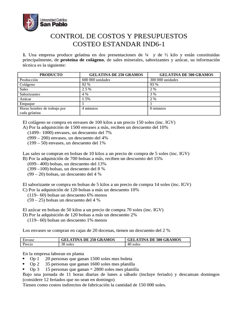Práctica Modelo Costeo Estandar IND6-1 2020I | PDF
