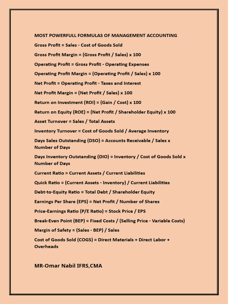 Most Powerfull Formulas of Management Accounting - 10 | PDF