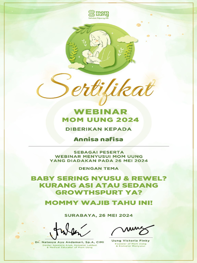 E-CERTIFICATE WEBINAR MOM UUNG - MEI 2024 Annisa Nafisa | PDF