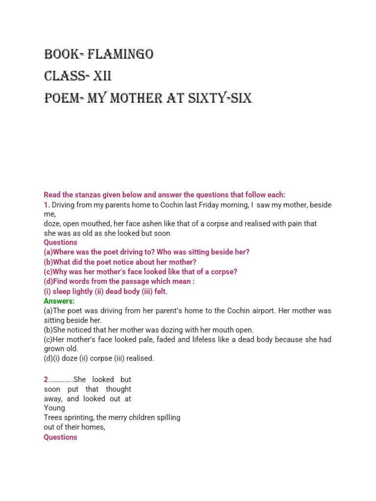 Book-Flamingo Class - XII Poem - My Mother at Sixty-Six: Important ...