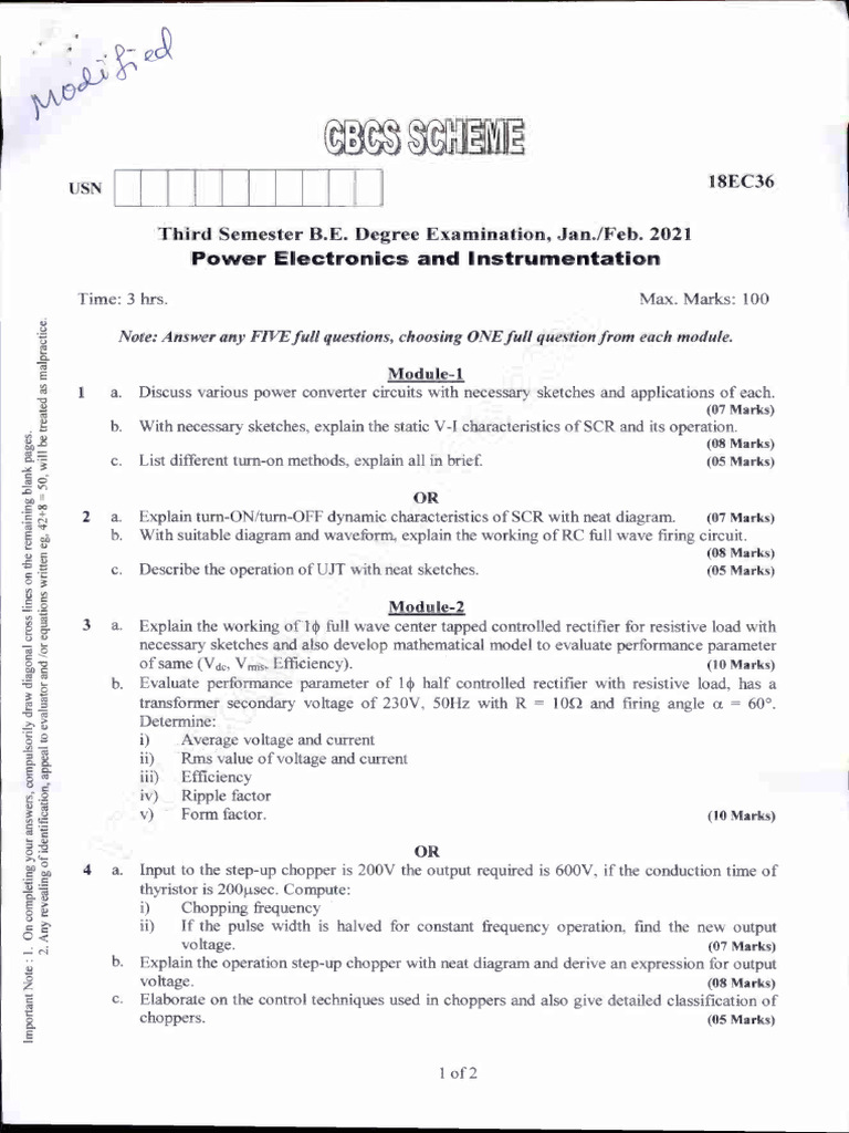 VTU Exam Question Paper With Solution of 18EC36 Power Electronics and ...