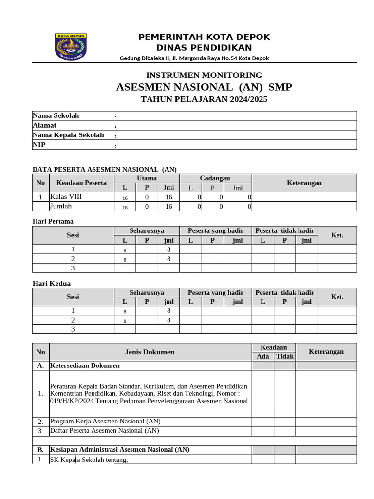 Instrumen Monev Asesmen Nasional 2024 | PDF