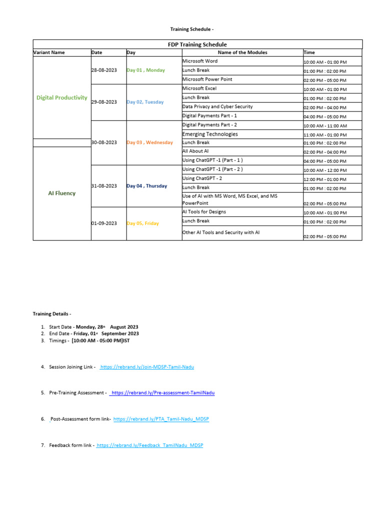 Microsoft - FDP - Training Schedule | PDF