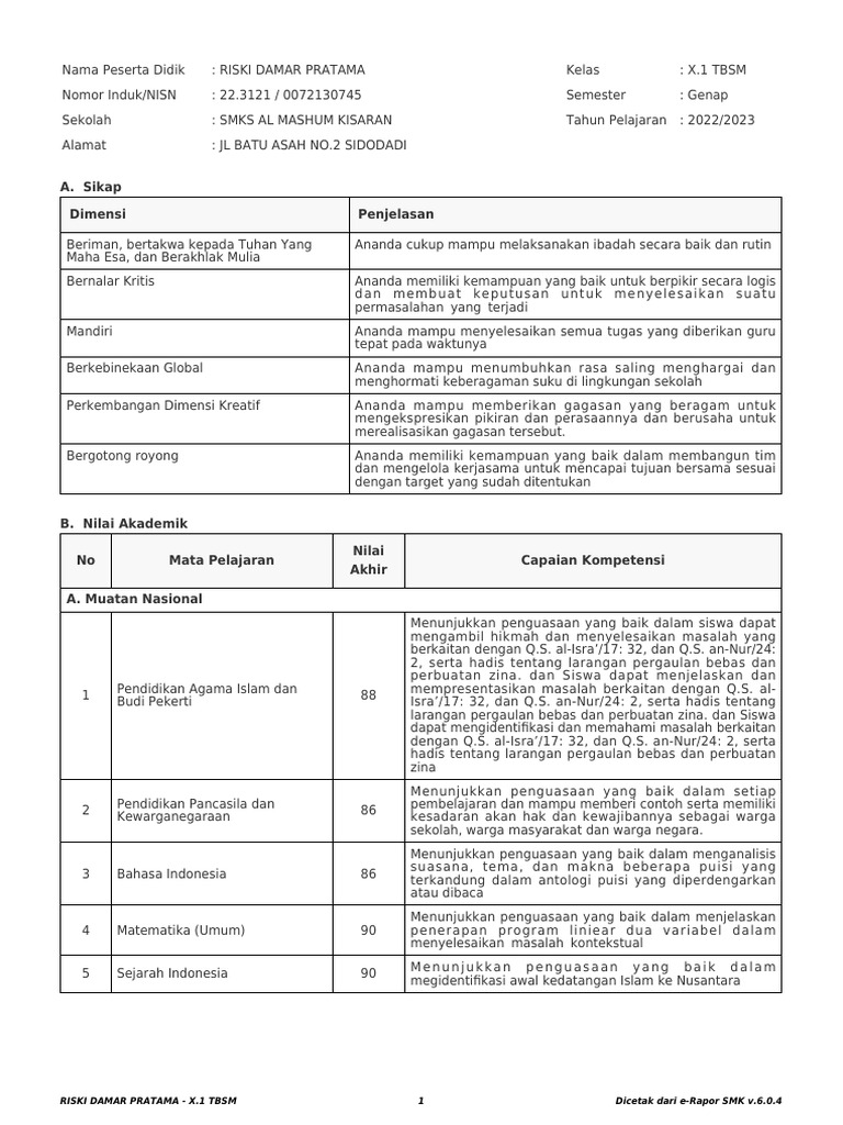 Rapor Riski Damar Pratama - x.1 TBSM | PDF