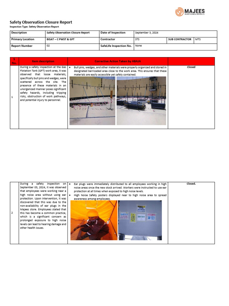 SAFETY OBSERVATION CLOSURE REPORT - BISAT C (TANK CONSTRUCTION) MAJEES ...