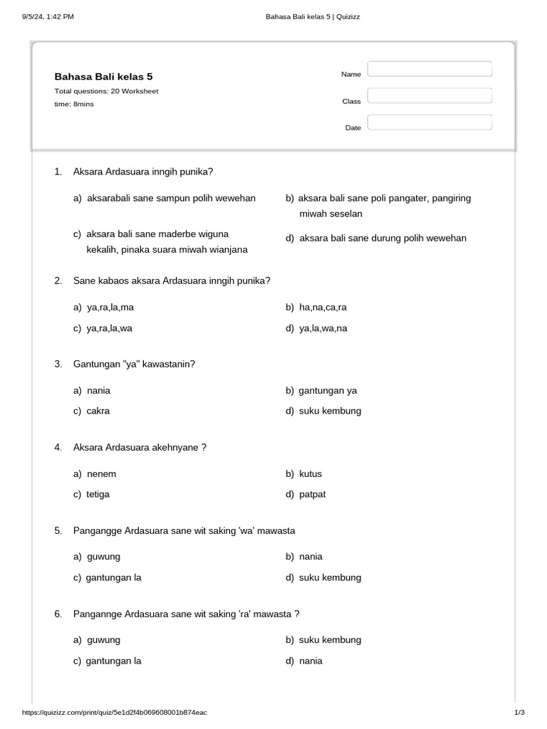Soal Bahasa Bali Kelas 5 SD | PDF | Seni & Disiplin Bahasa