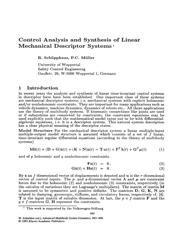 Control Analysis and Synthesis of Linear Mechanical Descriptor Systems | PDF