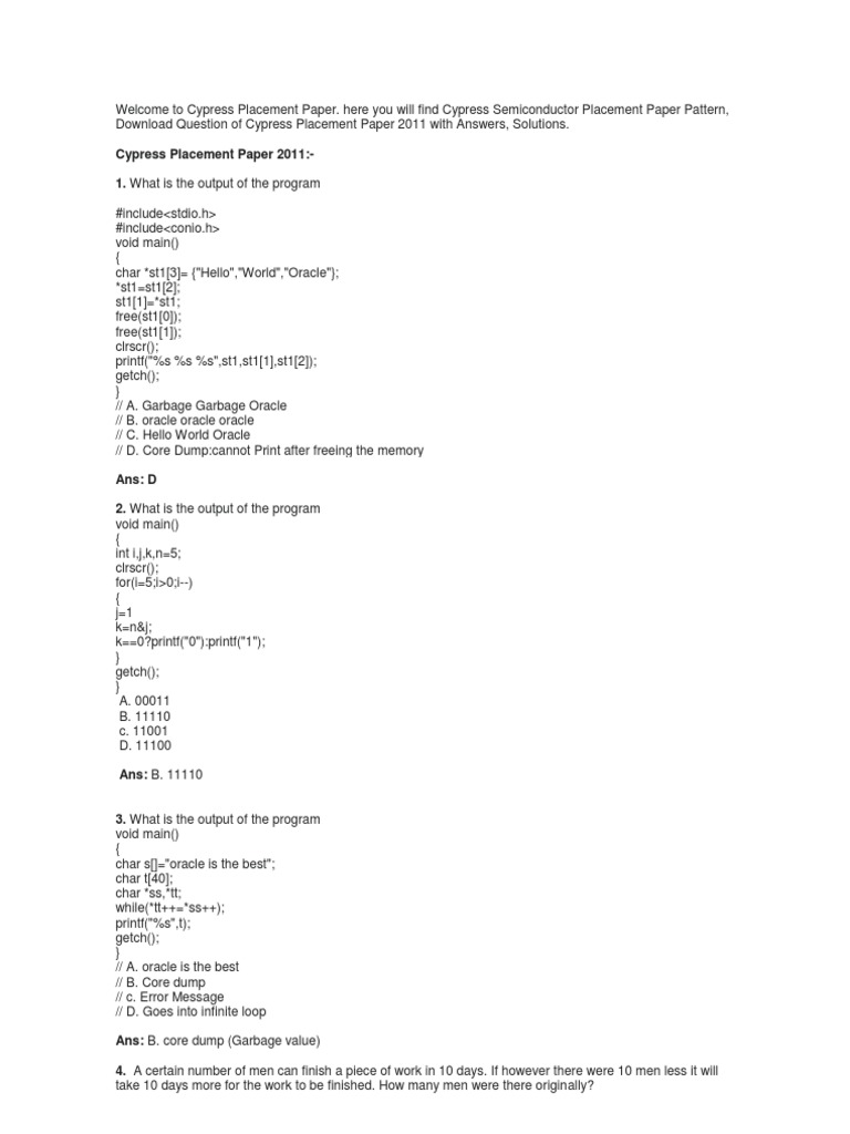 Welcome To Cypress Placement Paper | PDF | Control Flow | C ...