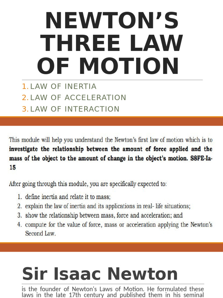 Newton'S Three Law of Motion: Law of Inertia Law of Acceleration Law of ...
