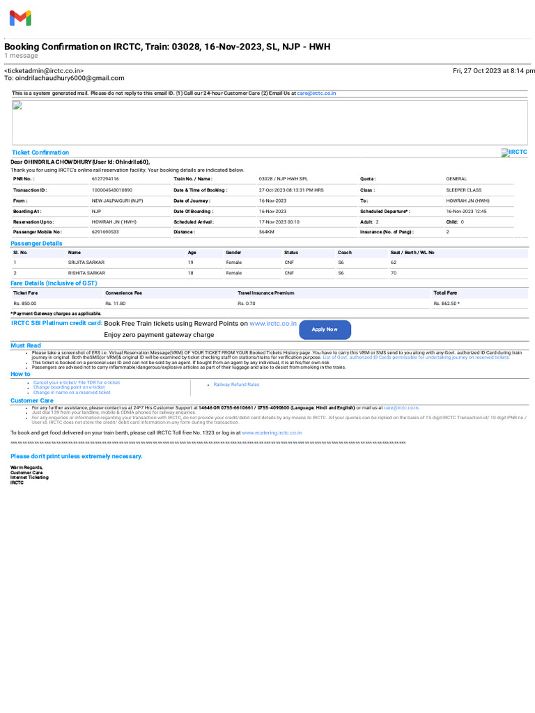 Gmail - Booking Confirmation On IRCTC, Train - 03028, 16-Nov-2023, SL, NJP - HWH | PDF