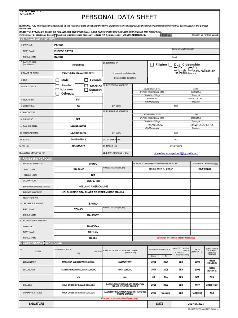CS Form No. 212 Personal Data Sheet Revised | PDF