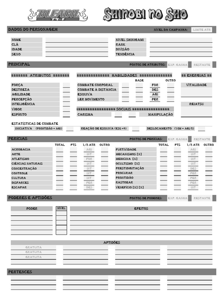 Bleach SNS - Ficha de Personagem - Versao 1 | PDF