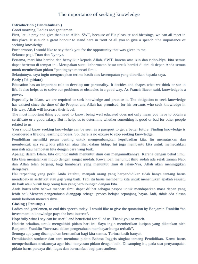 The Importance of Seeking Knowledge Pidato | PDF | Career & Growth