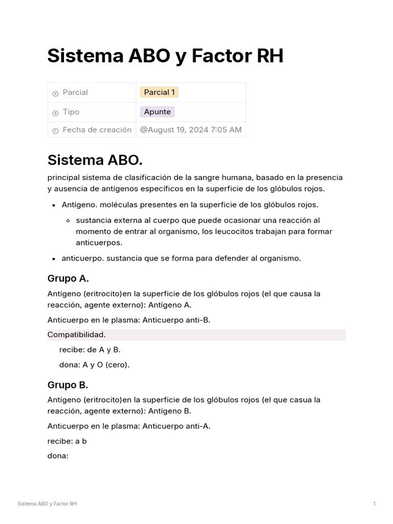 Apunte Sistema ABO y Factor RH | PDF