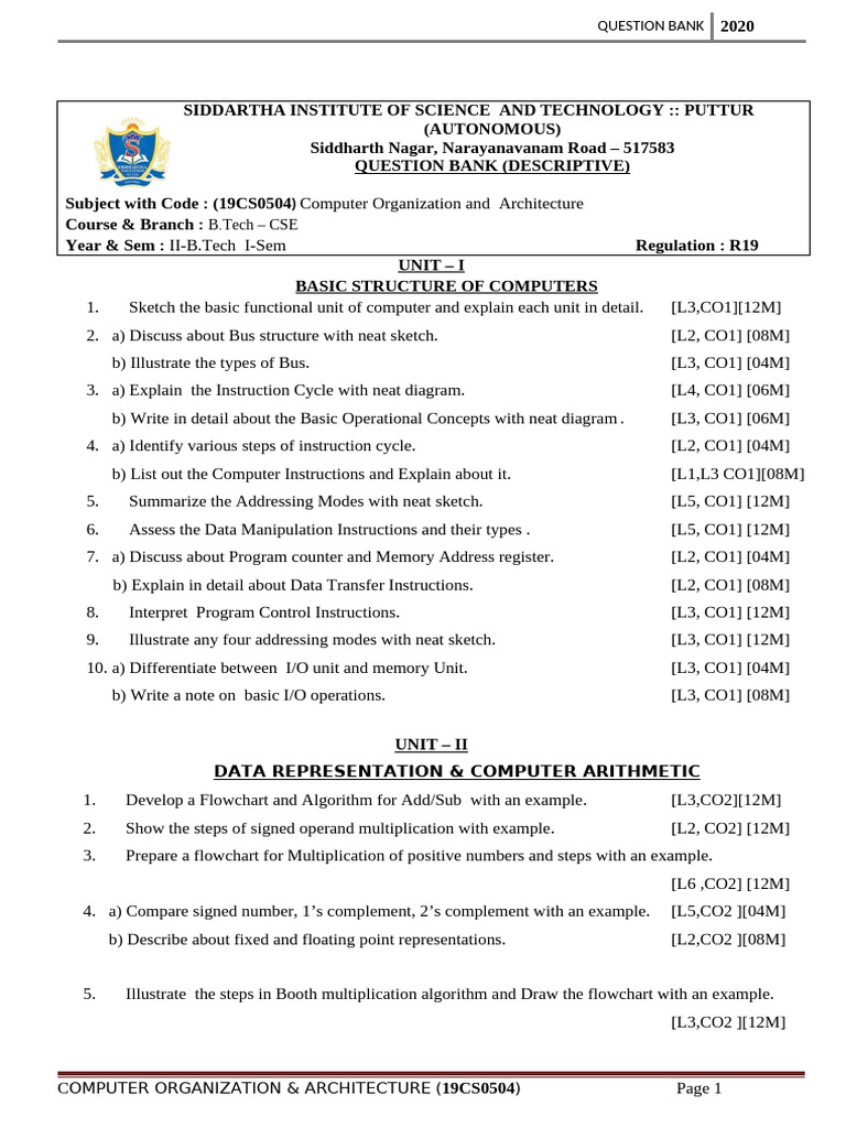 COA question bank - Unit -I,II,III(12-12-20) | PDF