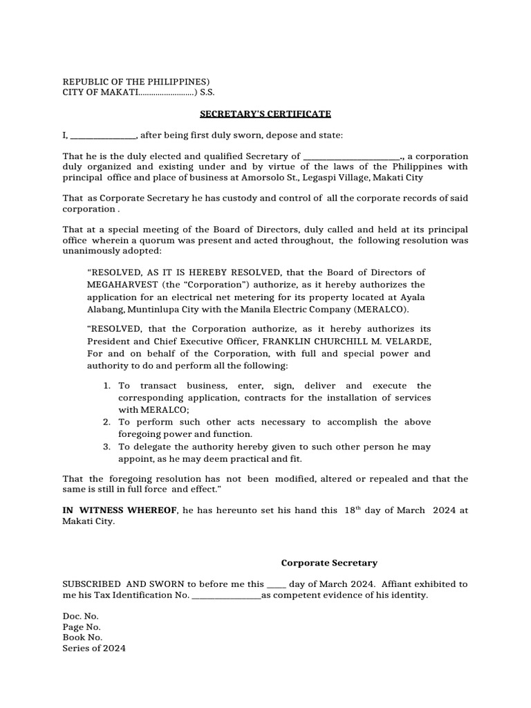 Secretary's Certificate Meralco Metering | PDF